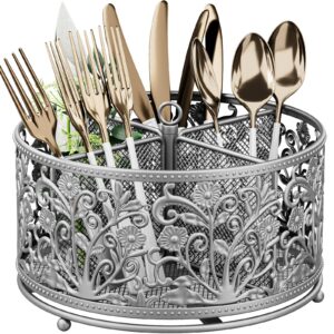 yiukea 360° rotating utensil caddy - silverware cutlery caddy holder with 4 compartment, metal flatware organizer countertop with handle for party camping picnic, kitchen counter, office (silver)