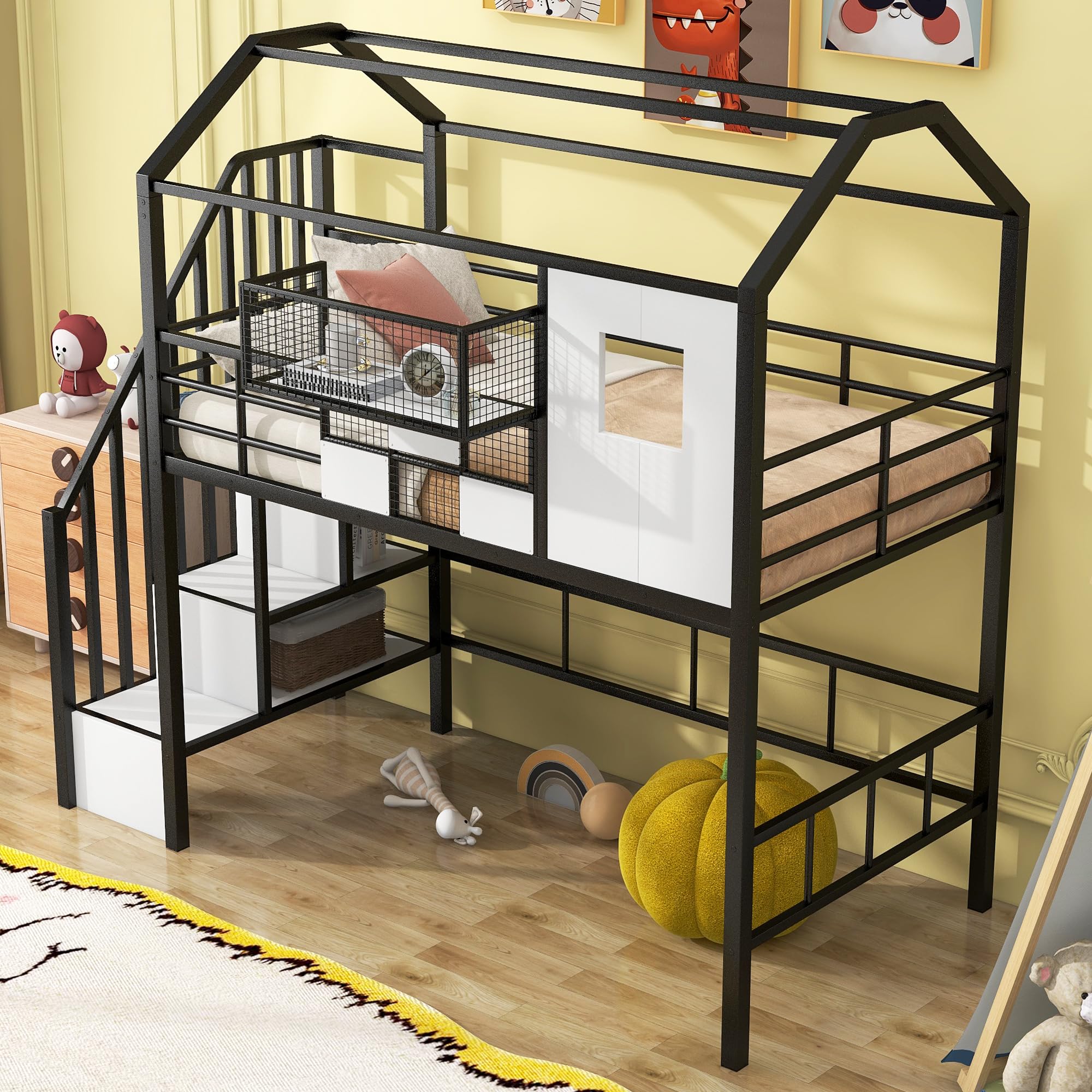 Kids Twin Low Loft Bed with Stairs, Metal Twin House Loft Bed with Storage Shelves, Roof & Safety Guardrail, Twin Low Loft Bed Frame for Kids, Teens, Girls & Boys (Black)