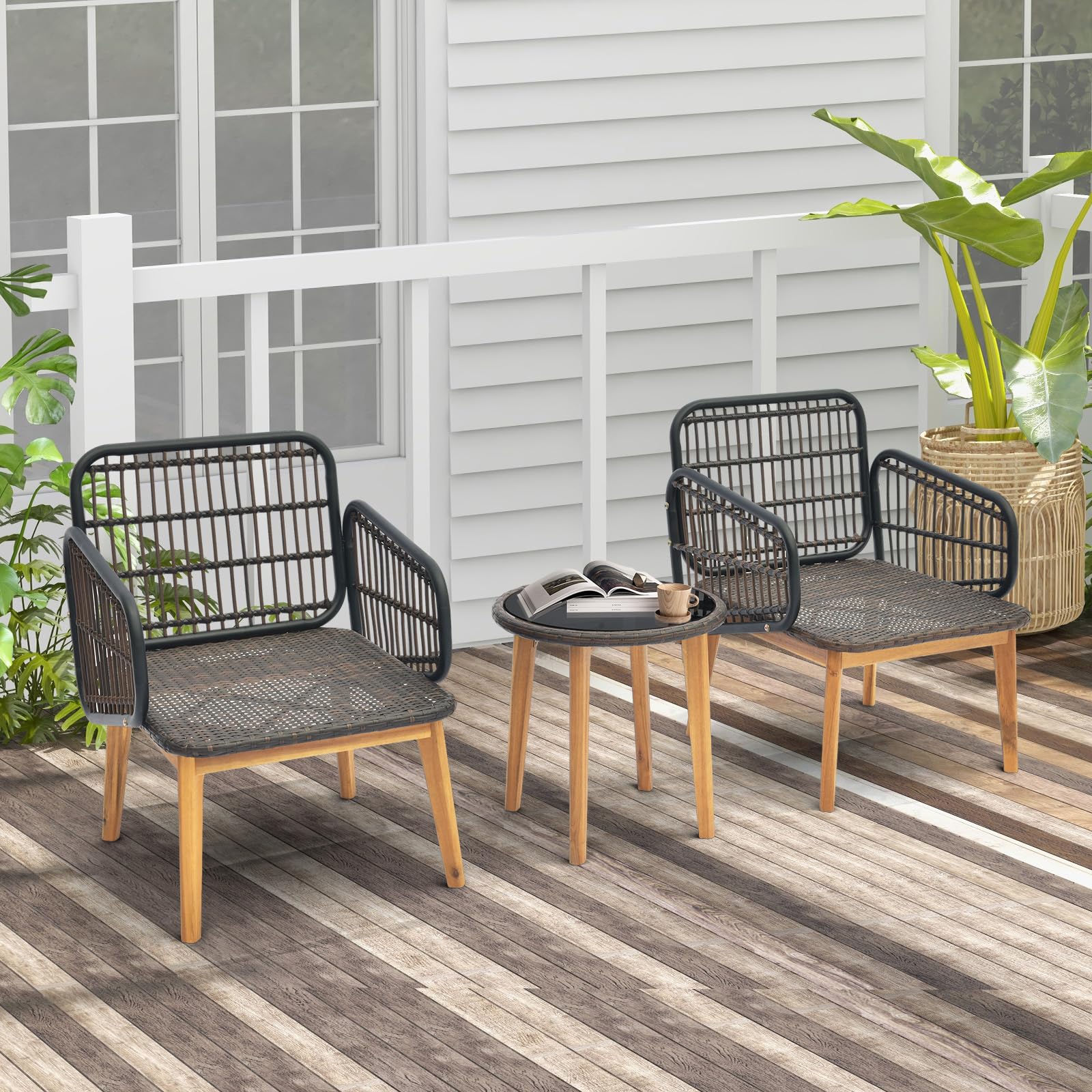 HAPPYGRILL 3 Pieces Acacia Wood Patio Bistro Set, Wicker Outdoor Furniture Set with Cushioned Chairs and Tempered Glass Side Table, PE Rattan Wicker Chair with Table for Porch, Balcony, Deck