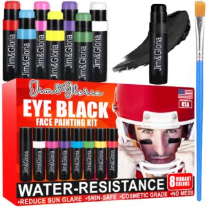 jim&gloria water-resistant eye black stick face & body paint markers makeup, athletes football drip baseball softball lacrosse sports stuff gear, game accessories gift, eyeblack painting kit 8 colors