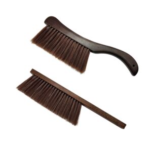 2 pcs wooden hand broom brush, dust bench brush whisk broom soft bristle brush for car bed furniture clothes couch draft sofa fireplace clothes household cleaning with long wood handle(brown)