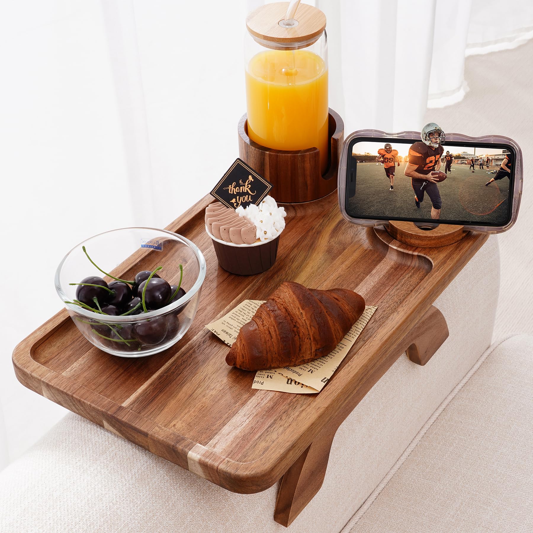 Nnewvante Couch Cup Holder Tray, 3 in 1 Large 15.36"x9.85" Acacia Wood Sofa Arm Clip on Tray Table with 360°Rotated Phone Holder on Armrest