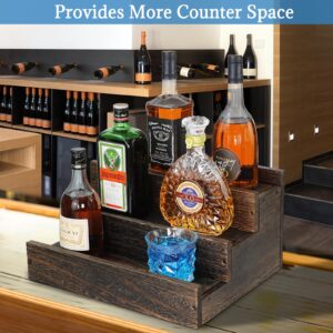 ERTIUANIO 3 Step Real Wood Countertop Liquor Bottle Display Shelf, 12 Bottle Freestanding Bar Shelves with Fences, Home Retro Wine Rack Storage Organizer, Whiskey Coffee Syrup Display Stand