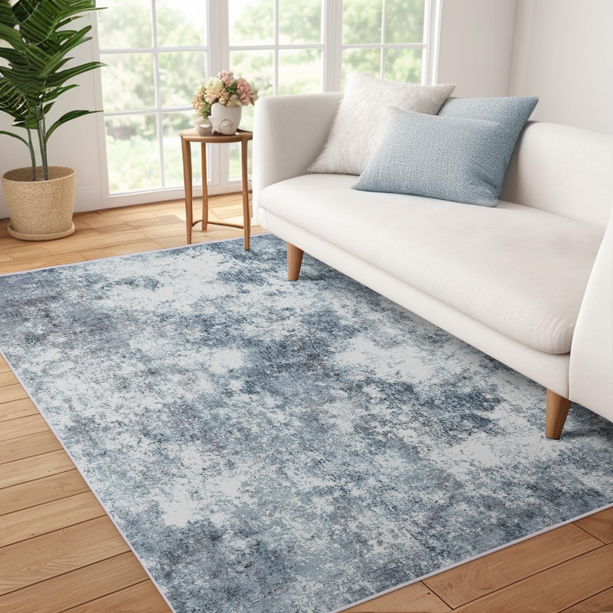 Deerly 3x5 Washable Bedroom Rug Indoor Non-Slip, Modern Abstract Area Rug, 3x5 Washable Bathroom Carpet for Front Door Entrance Kitchen Laundry Room Bath Office, Blue/Grey/White