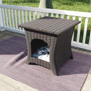 Gardenbee Patio End Table, Wicker Side Table and Cat Bed with A Cushion for Cats, Hand-Woven PE Wicker and Thick Cushion