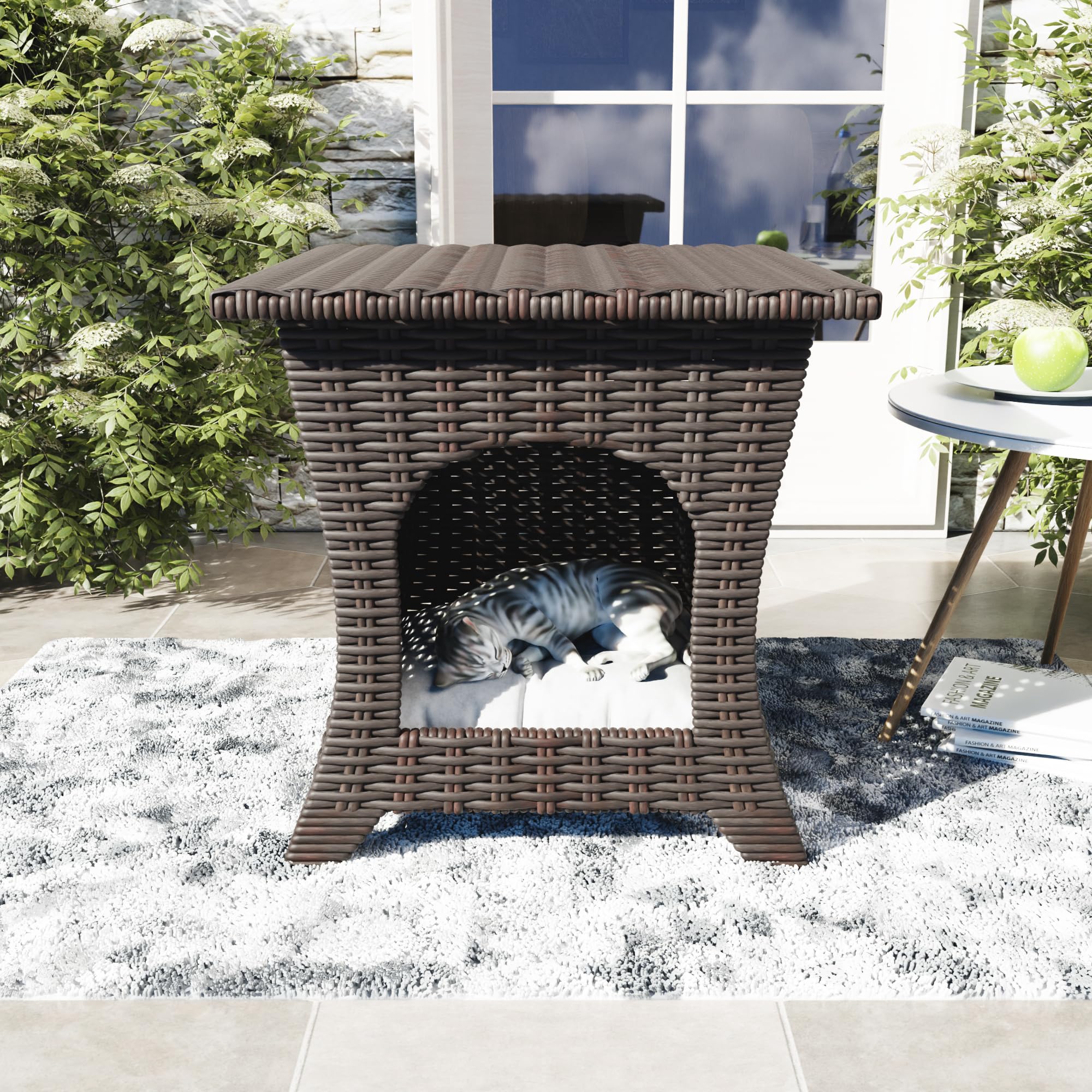 Gardenbee Patio End Table, Wicker Side Table and Cat Bed with A Cushion for Cats, Hand-Woven PE Wicker and Thick Cushion