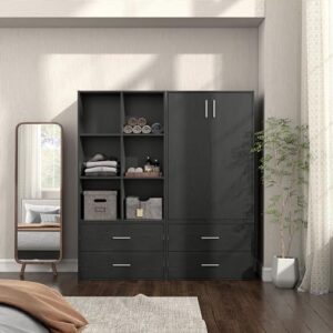 HOMES: Inside + Out Apexa Stackable Wood Bookcase with Doors, Cube Storage Organizer Shelves, Small Food Pantry, Dorm Teen Room Decor & Bedroom, Home Office, Kitchen, 3-Tier Cabinet, Black