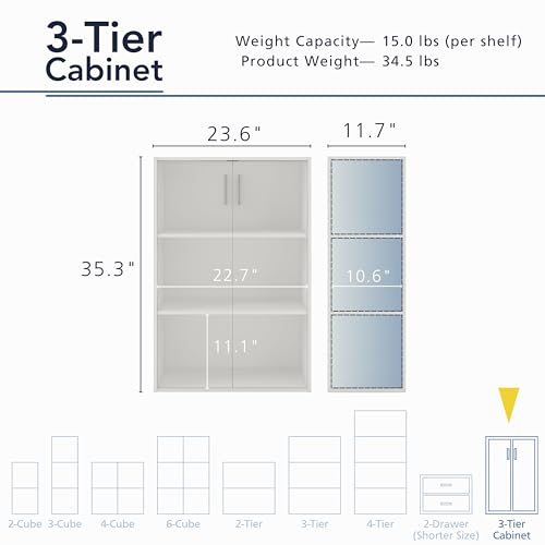 HOMES: Inside + Out Apexa 3-Tier Stackable Wood Bookcase with Doors, Cube Storage Organizer Shelves, Small Food Pantry Cabinet, Dorm Teen Room Decor & Bedroom, Home Office, Kitchen, White