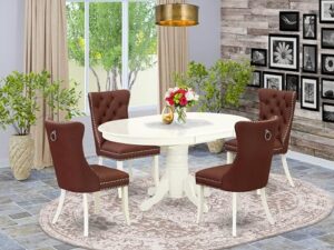 east west furniture avda5-lwh-26 5 piece dining room furniture set consists of an oval dining table with butterfly leaf and 4 upholstered chairs, 42x60 inch, linen white