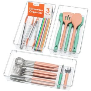 lifewit silverware drawer organizer, 5.75" x 11.65" clear utensil tray for kitchen drawer, stackable plastic flatware and cutlery storage box divider for spoons forks knives tools, 3 pack