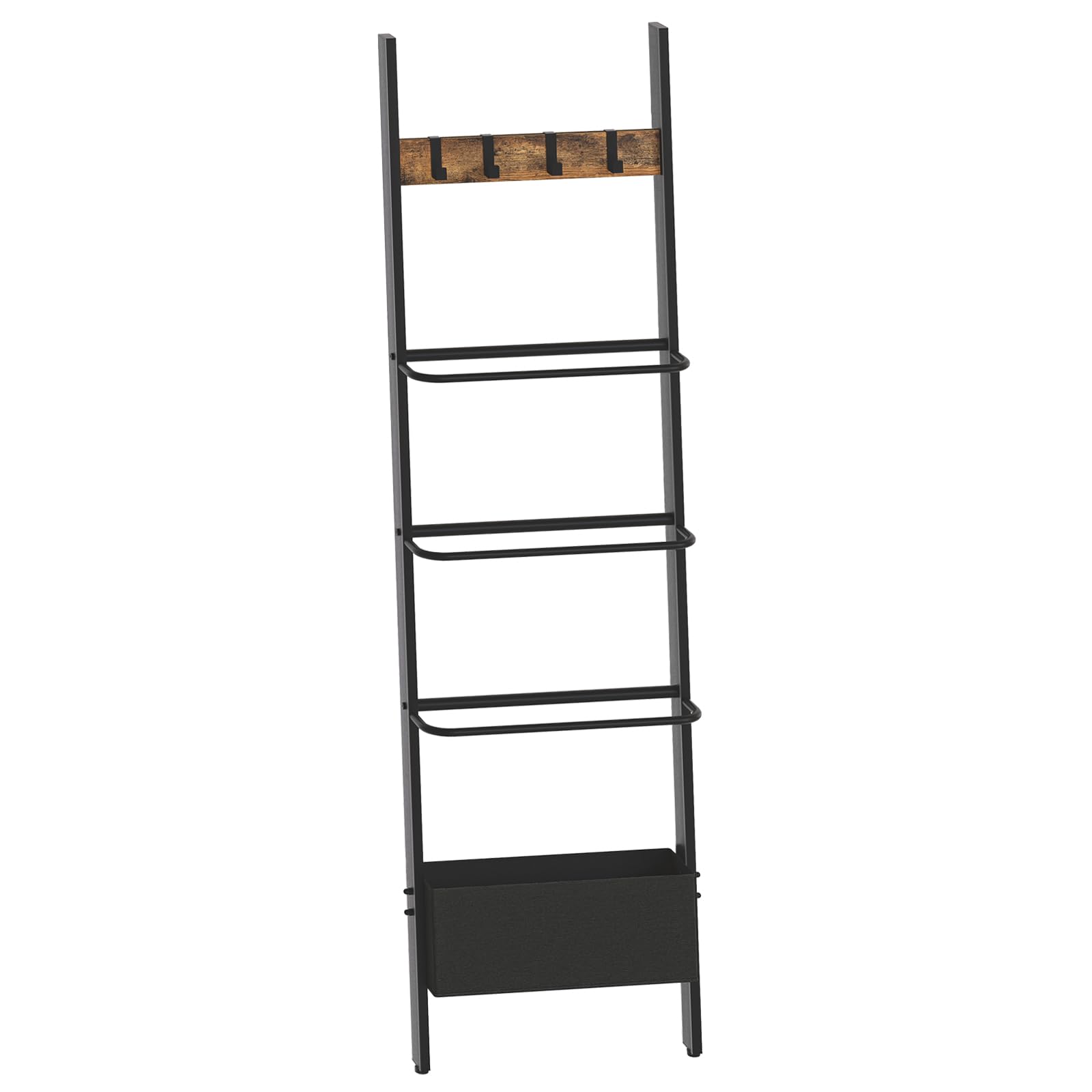 YATINEY Blanket Ladder, 5-Tier Towel Ladder with Hooks and Basket, Wall-Leaning Blanket Holder, Display Towel Rack Shelf, for Living Room, Rustic Brown and Black CJ02BR