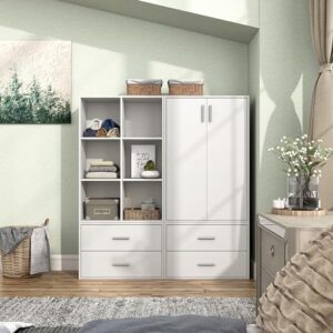 HOMES: Inside + Out Apexa 3-Tier Stackable Wood Bookcase with Doors, Cube Storage Organizer Shelves, Small Food Pantry Cabinet, Dorm Teen Room Decor & Bedroom, Home Office, Kitchen, White