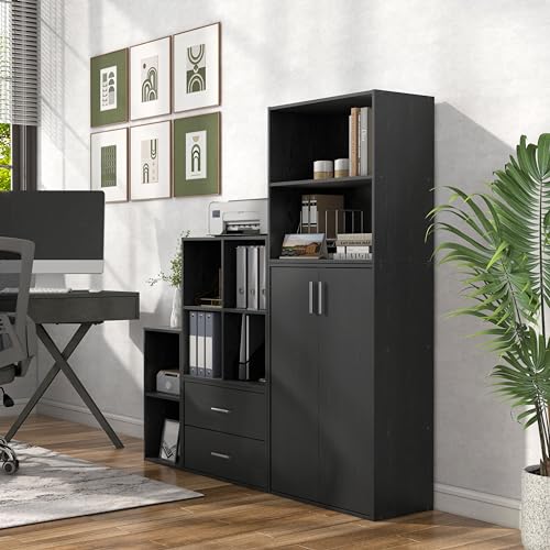 HOMES: Inside + Out Apexa Stackable Wood Bookcase with Doors, Cube Storage Organizer Shelves, Small Food Pantry, Dorm Teen Room Decor & Bedroom, Home Office, Kitchen, 3-Tier Cabinet, Black