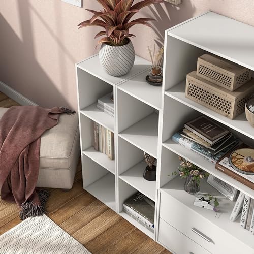 HOMES: Inside + Out Apexa 3 Cube Storage Organizer Shelves, Stackable Wood Bookcase Fits Cubby Bins for Organization, Dorm Teen Room Decor & Home Office, White