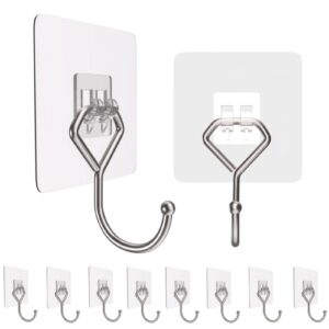 homstan large adhesive hooks 44ib(max), wall hooks self-adhesive traceless clear and removable, waterproof and rustproof hooks for hanging for home bathroom kitchen office and outdoor, 10-pack