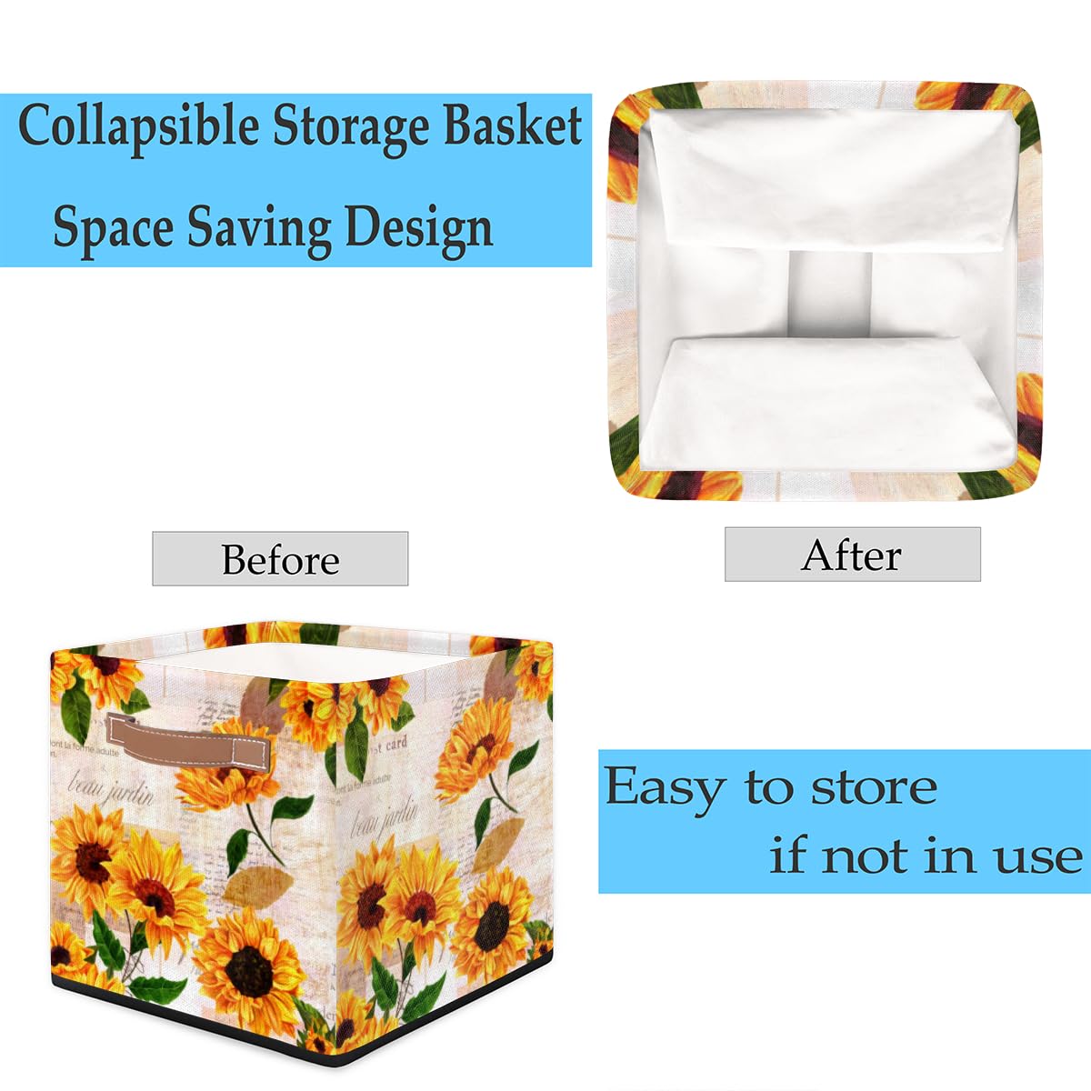 13x13x13 Storage Cube Bins Fashion Sunflower Storage Cubes 13 inch Collapsible Storage Bins Cubby Storage Baskets for Organizing Shelf Cabinet Bookcase Boxes