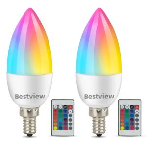 bestview e12 color changing light bulbs, candelabra multicolor rgb led light bulbs with remote control, rgbw white 3w base,mood flood candle colored light bulb for home party bedroom outdoor(2pcs)