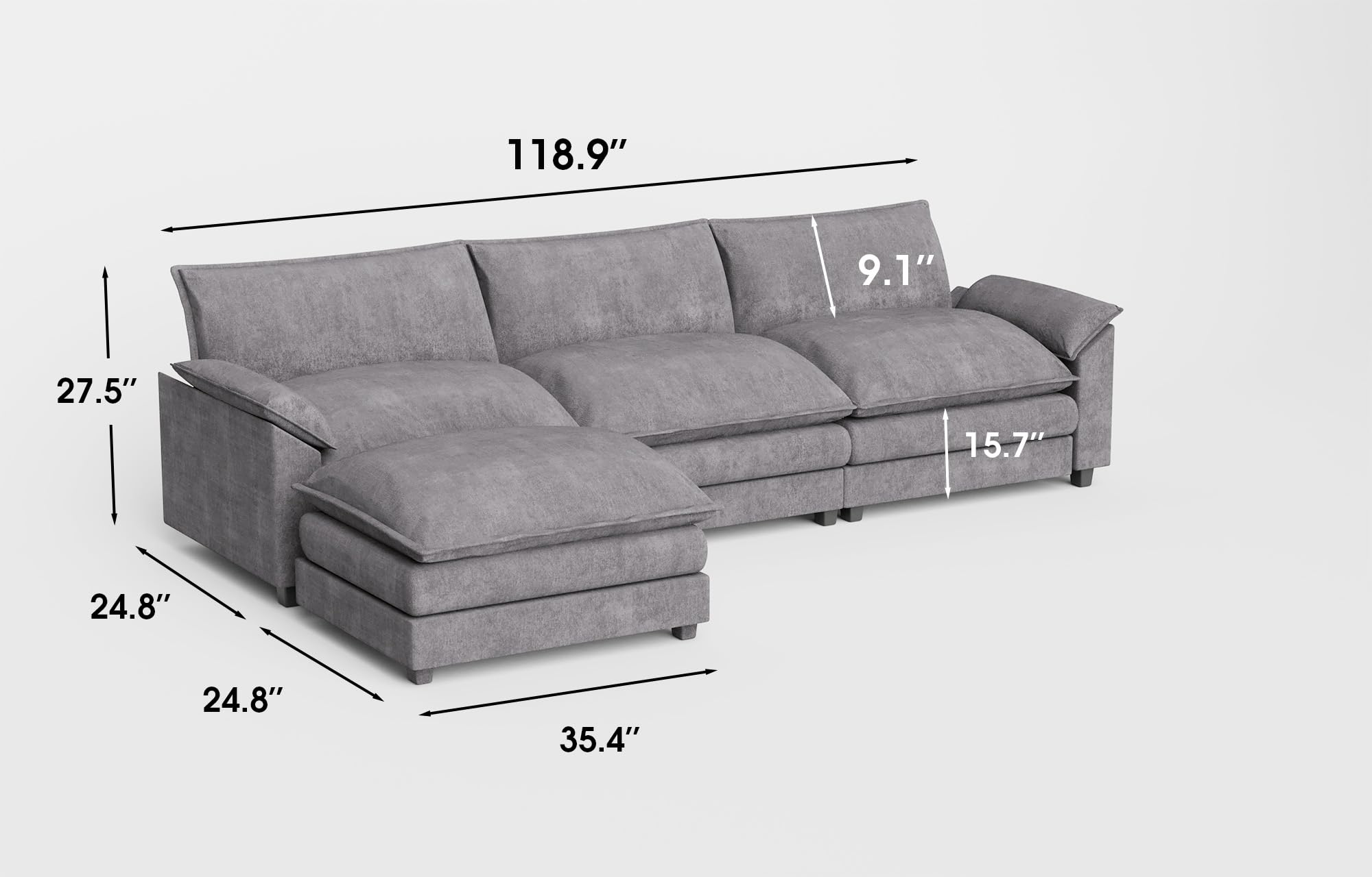 JUMMICO 119” Sectional Sofa Modern Deep Couch with Reversible Ottoman, L-Shaped Chenille Fabric Modular Sofa Sleeper Comfy for Living Room/Bedroom/Apartment (Grey, L Shaped Sofa)