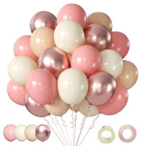 retro blush pink party balloons, 60pcs 12inch dusty pink metallic chrome rose gold balloons beige blush latex balloons for birthday wedding baby shower party decoration