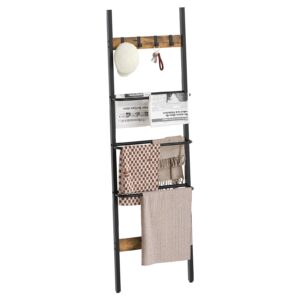 yatiney blanket ladder, 5-tier towel rack with 4 removable hooks, wall-leaning blanket holder, decorative display ladder shelf, industrial, for living room, rustic brown and black cj01br