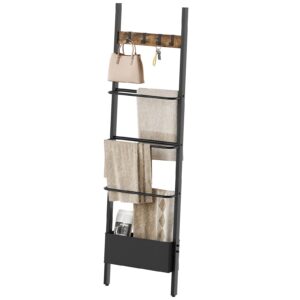 YATINEY Blanket Ladder, 5-Tier Towel Ladder with Hooks and Basket, Wall-Leaning Blanket Holder, Display Towel Rack Shelf, for Living Room, Rustic Brown and Black CJ02BR