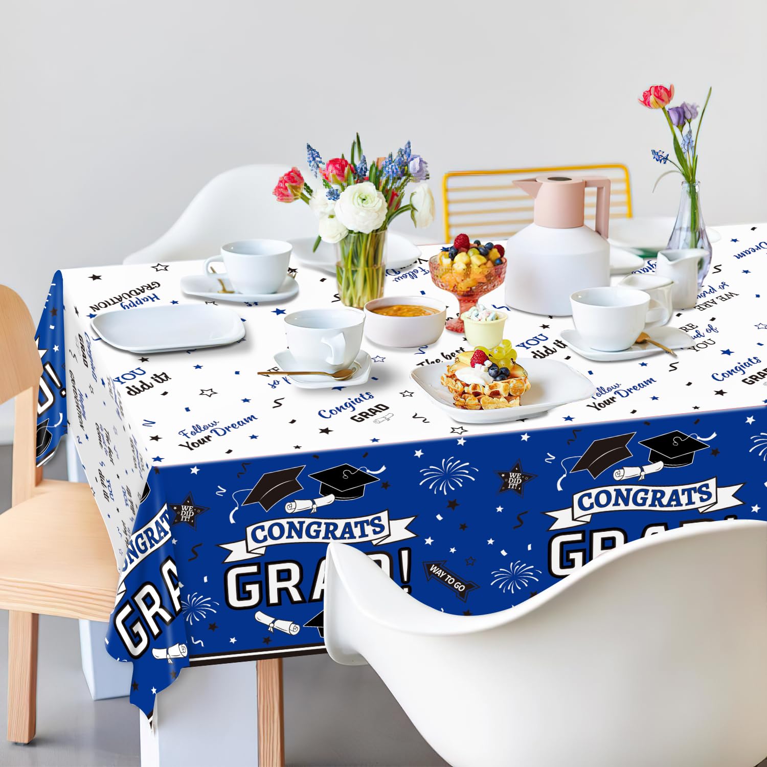 Oigco Tablecloth, 3 Pack Blue Rectangular Graduation Party Table Cloths, 54'' x 108'', Class of 2024 PE Plastic, Lightweight, Pleated Corners, All-Season