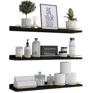 wopitues floating shelves 24 inch with gold metal guardrail, shelves for wall decor set of 3, wall shelves for bedroom, bathroom, kitchen, living room, plants, picture frames, art- black and gold