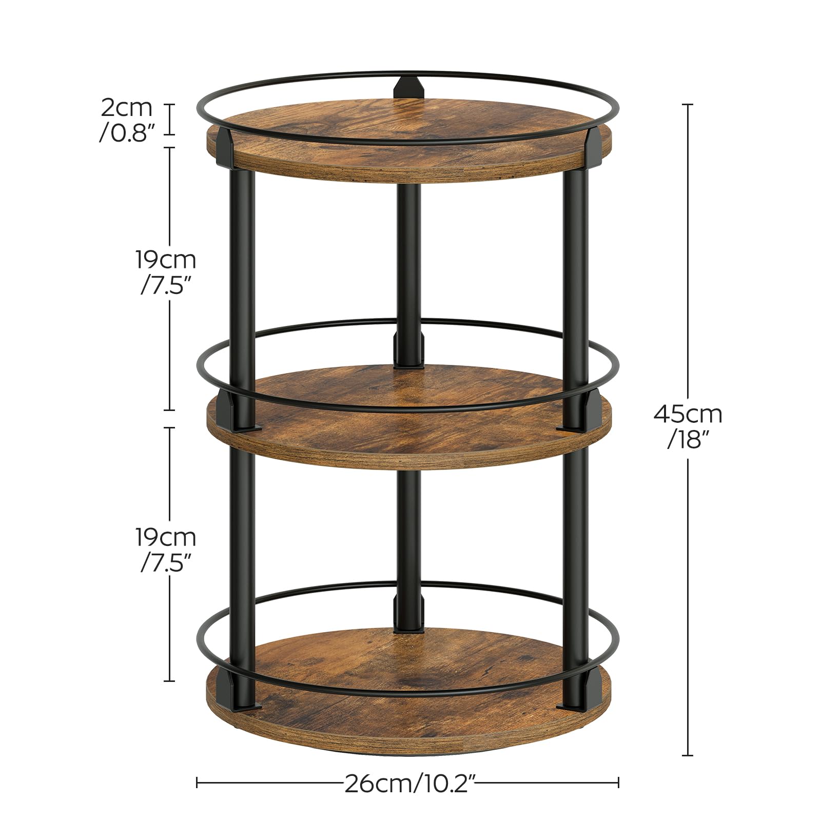 YATINEY 3-Tier Lazy Susan Organizer, Rotating Spice Rack, Spinning Organizer, Industrial Turntable Spice Rack Organizer for Cabinet, Kitchen Countertop, Pantry, Rustic Brown and Black SR23BR