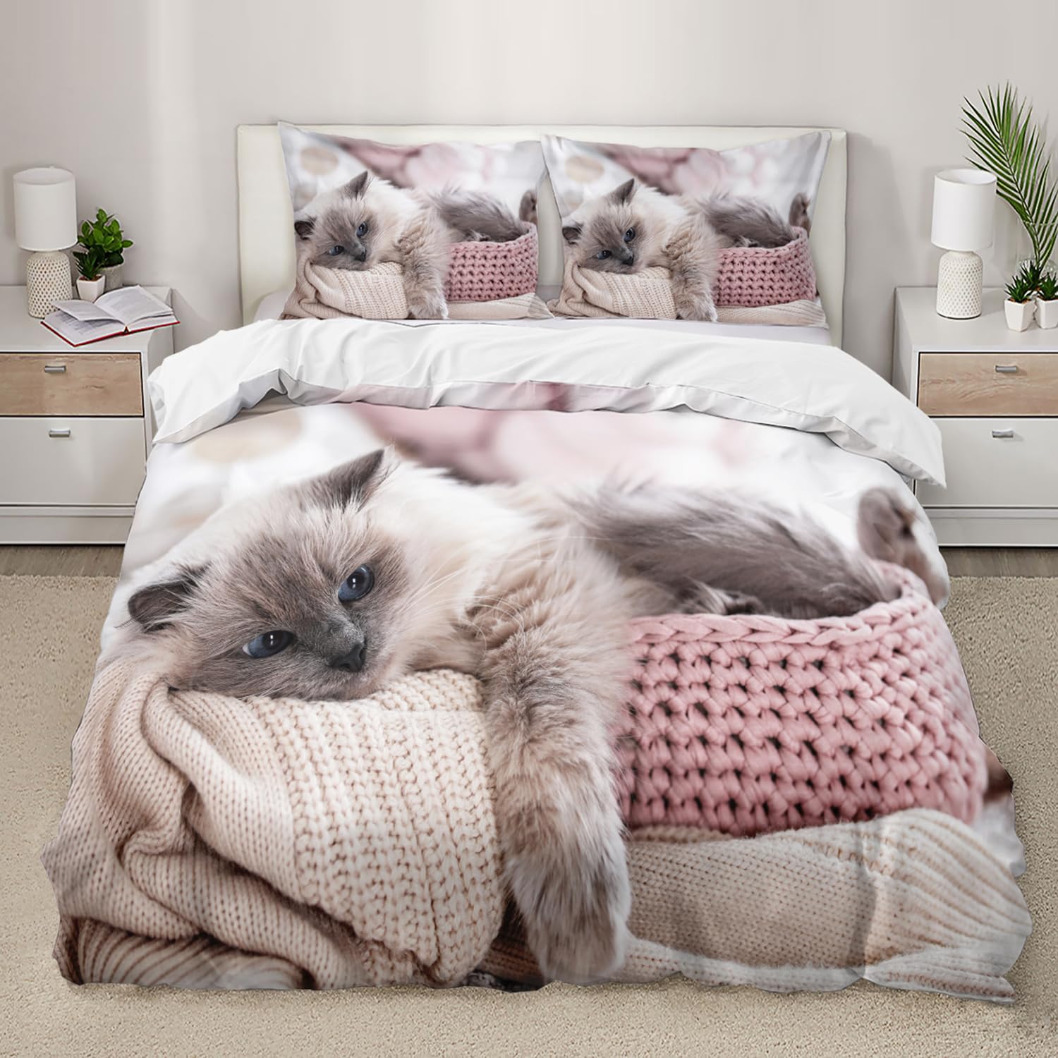 AILONEN Cat Duvet Covet Set Full Size,Cat Bedding Sets for Girls,Kawaii Pet Animal Cat Lover Comforter Cover Set,3 Pieces, 1 Quilt Cover and 2 Pillowcases (No Comforter)