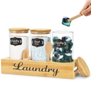 gadfish laundry pods container, laundry detergent container for laundry detergent pods, powder, scent booster, stain remover, laundry room organization - 3 pack (with wooden tray & spoon, tong, scoop)