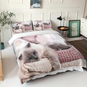 AILONEN Cat Duvet Covet Set Full Size,Cat Bedding Sets for Girls,Kawaii Pet Animal Cat Lover Comforter Cover Set,3 Pieces, 1 Quilt Cover and 2 Pillowcases (No Comforter)