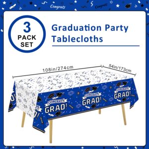 Oigco Tablecloth, 3 Pack Blue Rectangular Graduation Party Table Cloths, 54'' x 108'', Class of 2024 PE Plastic, Lightweight, Pleated Corners, All-Season