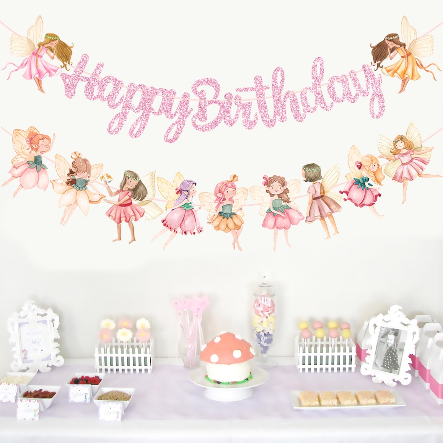 Fairy Birthday Party Banner Glitter Pink Fairies Birthday Party Decorations Fairy First Party Banners Fairy Birthday Cutout Banner for Fairy Garden Baby Shower Supplies