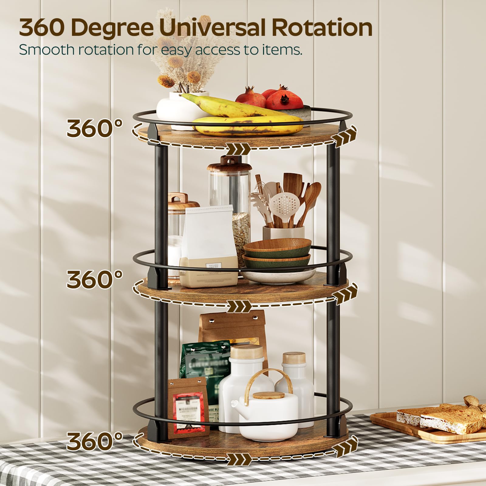 YATINEY 3-Tier Lazy Susan Organizer, Rotating Spice Rack, Spinning Organizer, Industrial Turntable Spice Rack Organizer for Cabinet, Kitchen Countertop, Pantry, Rustic Brown and Black SR23BR