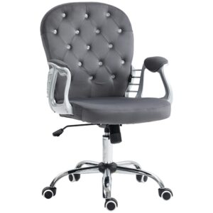 vinsetto velvet home office chair, button tufted desk chair with padded armrests, adjustable height and swivel wheels, dark gray