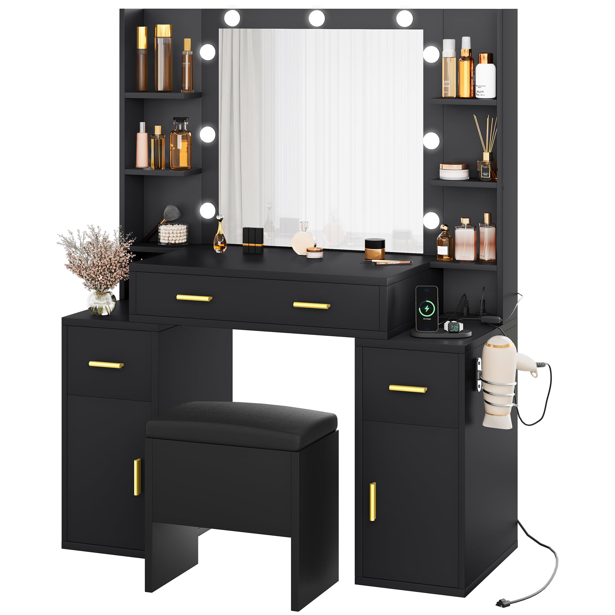 YITAHOME Makeup Vanity Desk with Mirror and Lights, Large Vanity Set with Charging Station, Dressing Table with Storage Bench, Makeup Vanity Mirror with Shelf and Drawers, 3 LED Lights Modes, Black