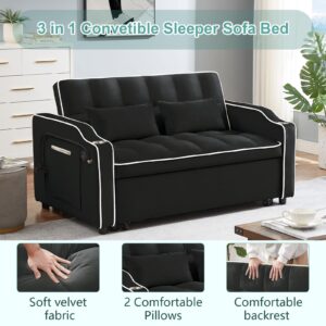 Lakifun Convertible Sleeper Sofa Bed, Modern Velvet Loveseat w/Pull Out Couch, 54.7" Loveseats Sofa w/Adjsutable Backrest, Cup Holders and USB Port, Swivel Phone Stand,Black