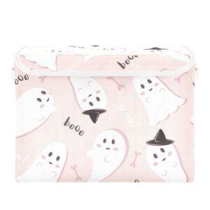 VIGTRO Cute Spooky Ghost Storage Bins with Lids Foldable Storage Boxes with 2 Handles, Pink Boo Halloween Decorative Storage Basket Collapsible for Clothes Books