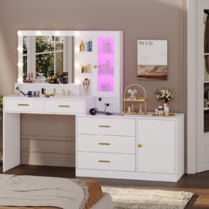 HAUOMS White Makeup Vanity with Lights Vanity Desk with Mirror, Large Vanity Table Set with Drawer Dresser, Charging Station & RGB Cabinets, Makeup Table with 5 Drawers and Storage Shelves, White