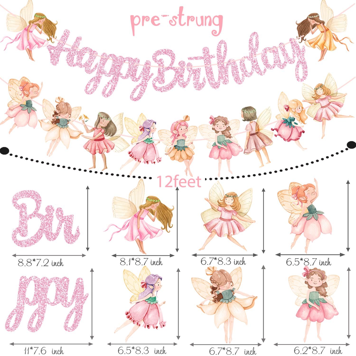 Fairy Birthday Party Banner Glitter Pink Fairies Birthday Party Decorations Fairy First Party Banners Fairy Birthday Cutout Banner for Fairy Garden Baby Shower Supplies