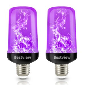 bestview led flame effect light bulbs,4 modes smart e26/e27 base flickering fire light bulbs for halloween, christmas, party, porch, indoor&outdoor home decoration lighting (purple 2 pack)