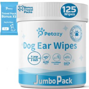 petazy dog ear wipes for dog | unscented dog ear cleaner for dogs | remove dirt wax itch odor | natural cleaning puppy ear wipes | soothing ear wipes for pets cat | organic ingredients | 125 xl pcs