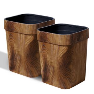 wood grain plastic trash can bedroom, square 2-pack, 3.7 gal farmhouse wastebasket bin retro style, brown trash can for room aesthetic, open top garbage can for office, living room, hotel, bathroom