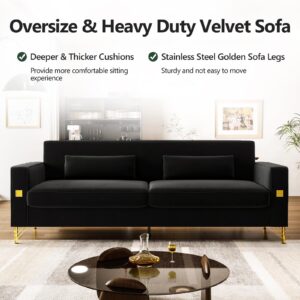 85.63'' Mid-Century Modern Black Velvet Sofa Couch with Metal Gold Legs, 3 Seater Tufted Loveseat Couches with 2 Lumbar Pillows for Living Room and Apartment