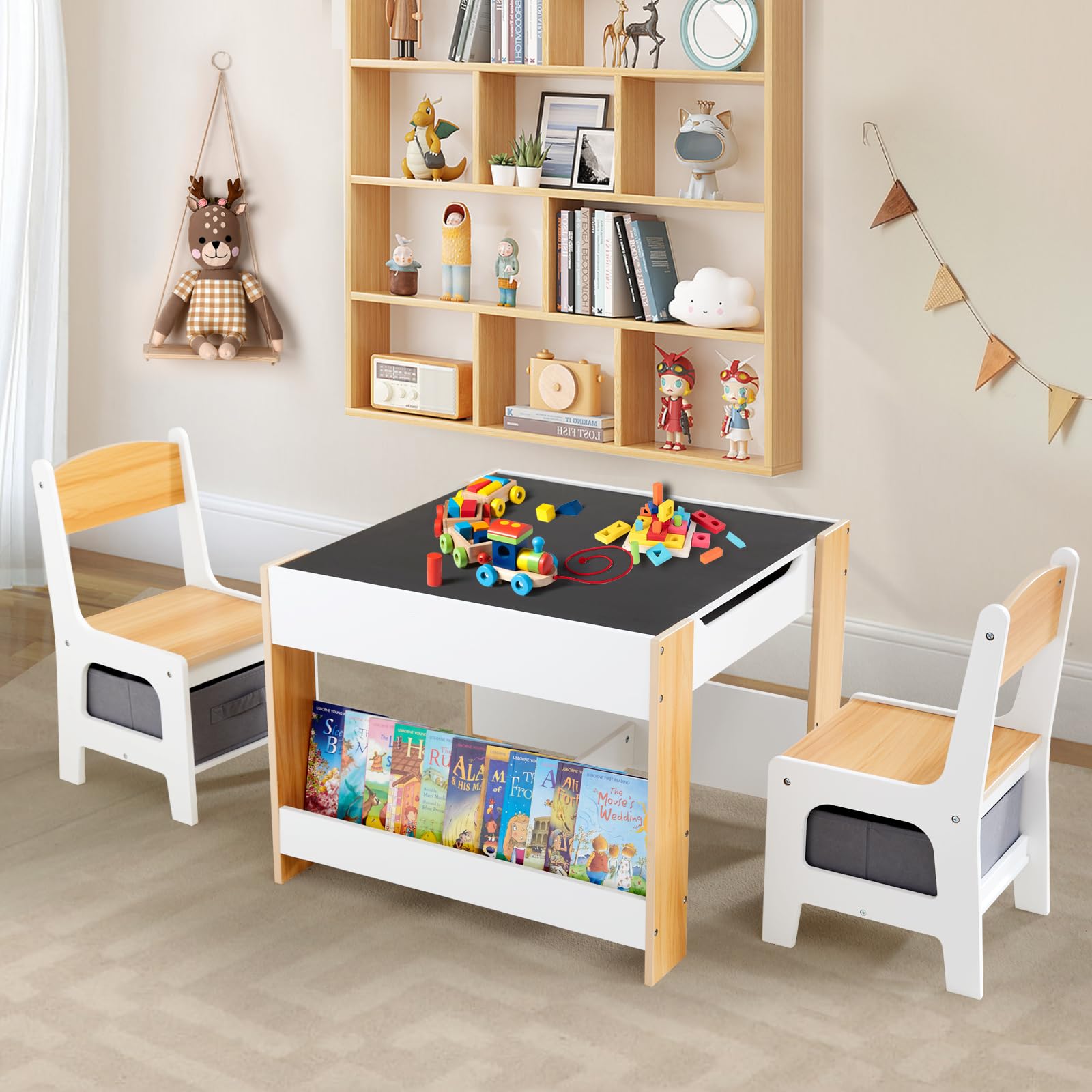 Asweets Kids Table and Chair Set,4 in 1 Toddler Desk with Storage Drawer,Wooden Activity Table for 2 in 1 Detachable Tabletop,Bookshelve,Suitable for Classroom,Home, Nursery, Playroom (Natural White)