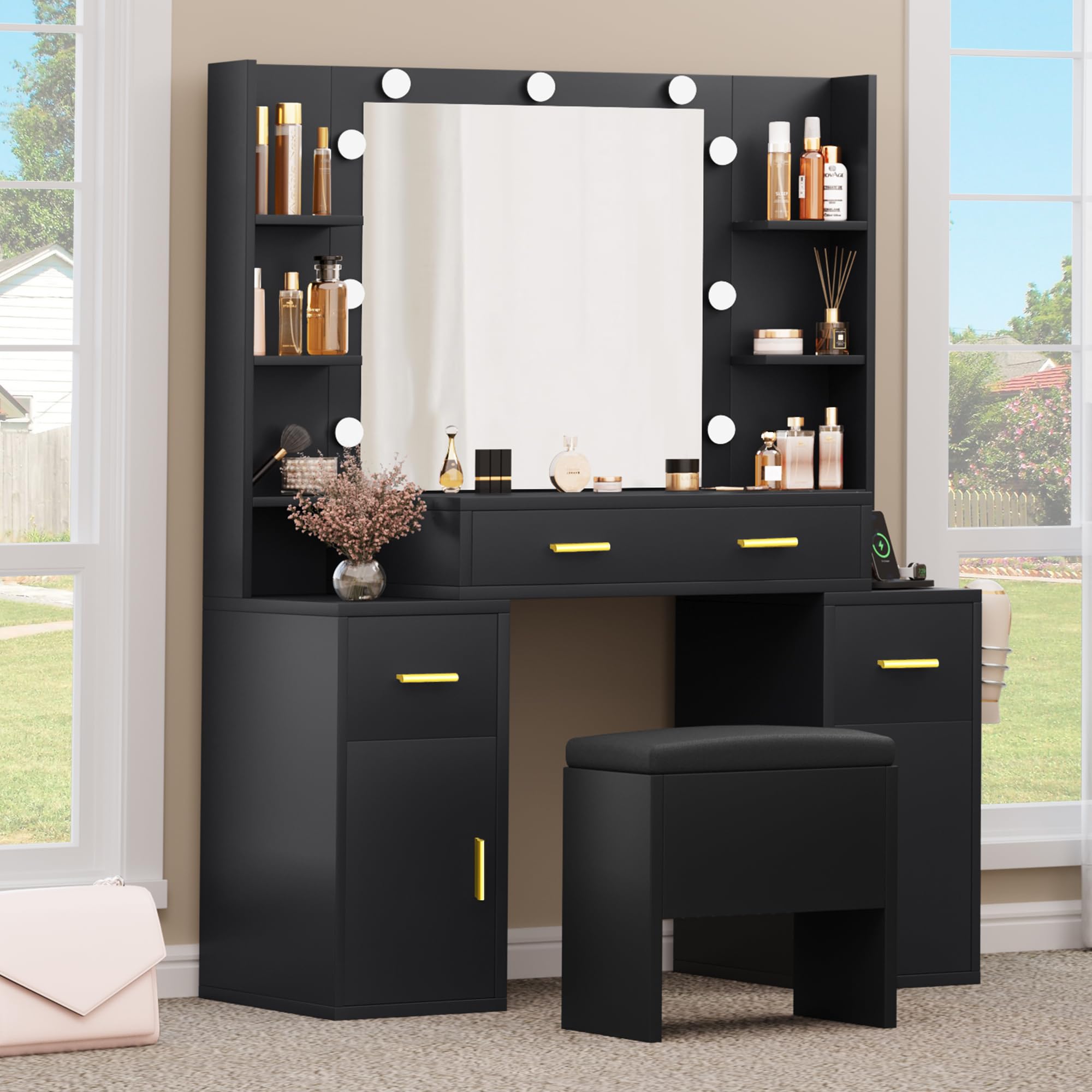 YITAHOME Makeup Vanity Desk with Mirror and Lights, Large Vanity Set with Charging Station, Dressing Table with Storage Bench, Makeup Vanity Mirror with Shelf and Drawers, 3 LED Lights Modes, Black