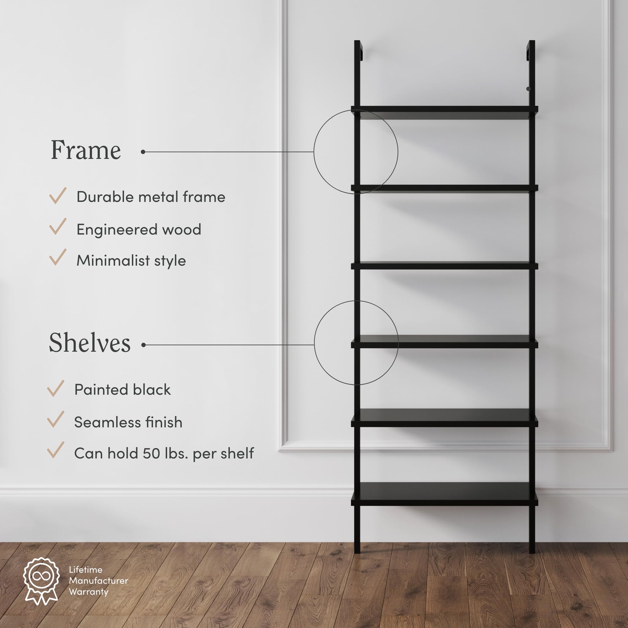 Nathan James Theo 6-Shelf Tall Bookcase, Wall Mount Bookshelf Wood Shelves and Metal Frame, Matte Black