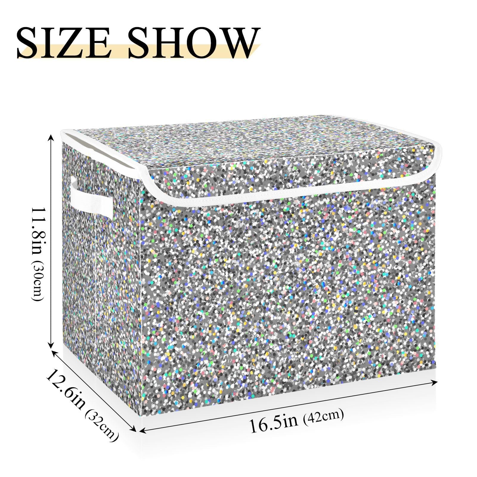 VIGTRO Silver Glitter Rainbow Sparkles Storage Bins with Lids Foldable Storage Boxes with 2 Handles, Bling Decorative Storage Basket Collapsible for Clothes Books