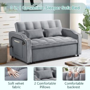 Lakifun Convertible Sleeper Sofa Bed, Modern Velvet Loveseat w/Pull Out Couch, 54.7" Loveseats Sofa w/Adjsutable Backrest, Cup Holders and USB Port, Swivel Phone Stand,Grey