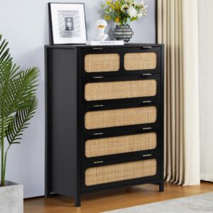 uhmuvfm 5 drawer dresser with rattan finish, modern farmhouse chest of drawers with metal handles, accent wood storage cabinet for bedroom, living room and kitchen (black)